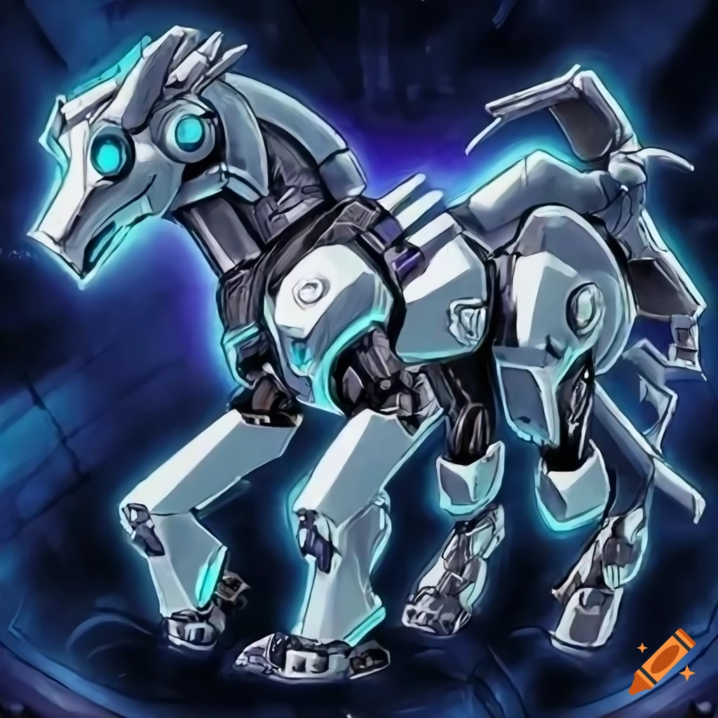 Grey futuristic robotic horse in yu-gi-oh card art style on Craiyon