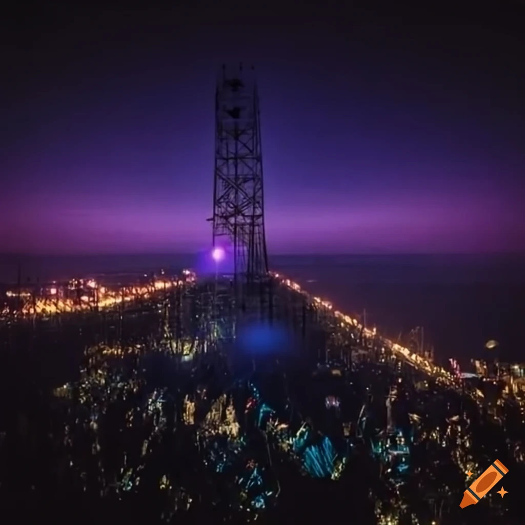 Rave party near Duga-3 array antenna at night on Craiyon