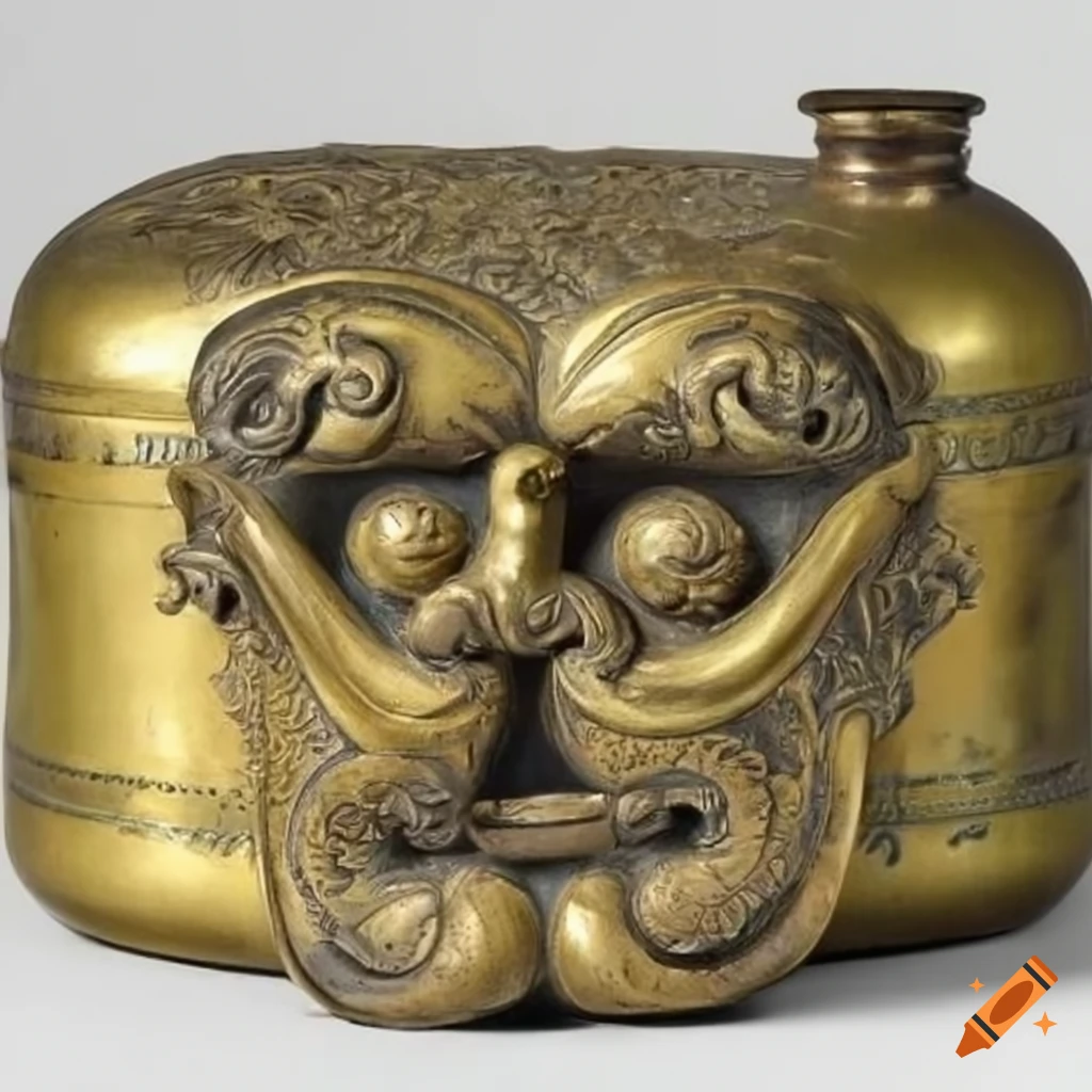 Intricately carved heavy brass flask with a mystical and grotesque ...