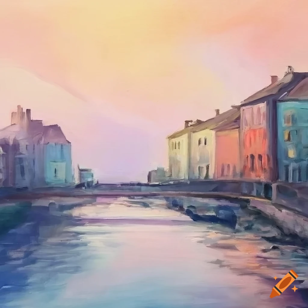 Light toned painting of sunny cork city, ireland with a river on Craiyon