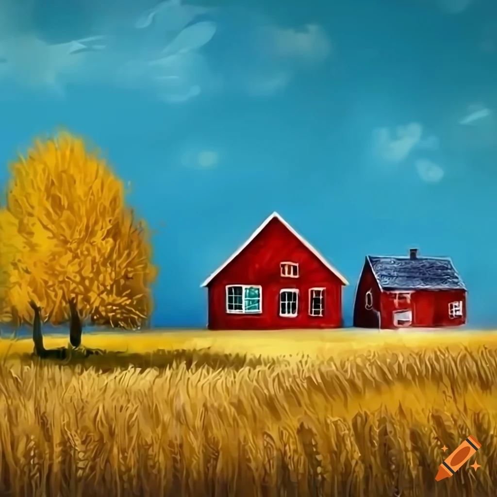 Red house surrounded by yellow trees and wheat fields, with blue walls ...