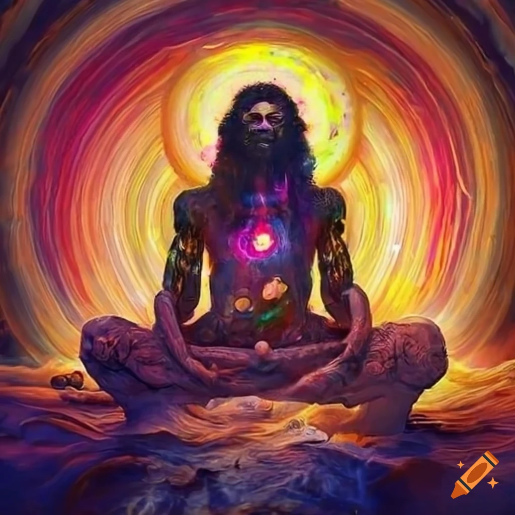 Abstract representation of a deity surrounded by mystical light and ...