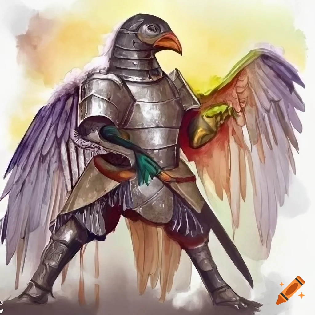 Anthropomorphic bird knight with wings and sword on Craiyon
