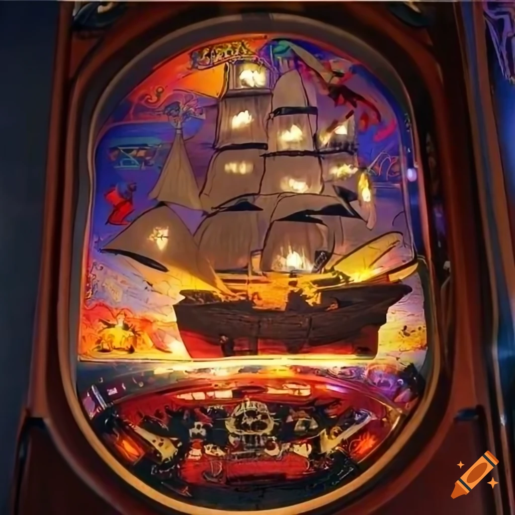 Authentic pirate ship with flags and cannons in vintage pinball machine ...