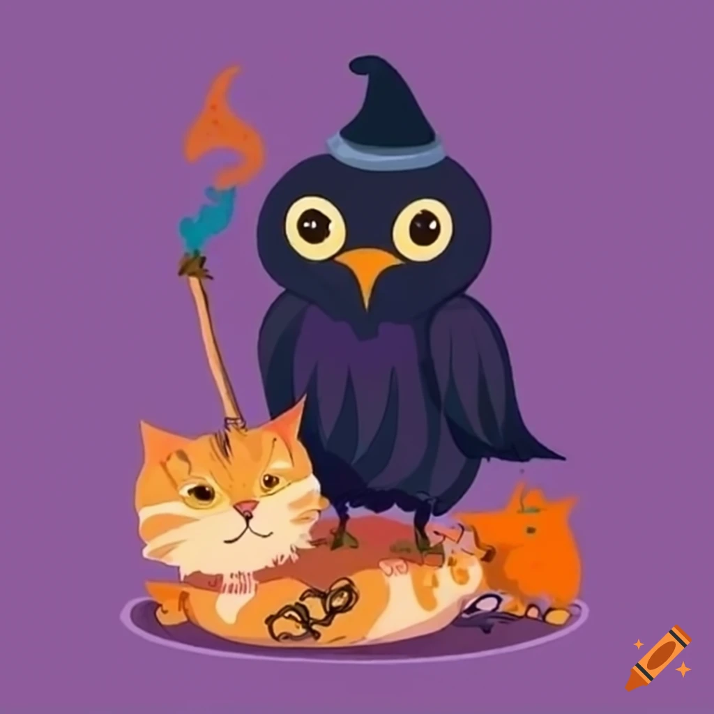 Cute raven practicing witchcraft beside an orange cat on Craiyon