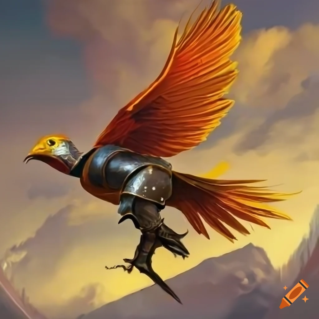 Yellow-orange bird in medieval armor with a sword, flying in the sky on ...
