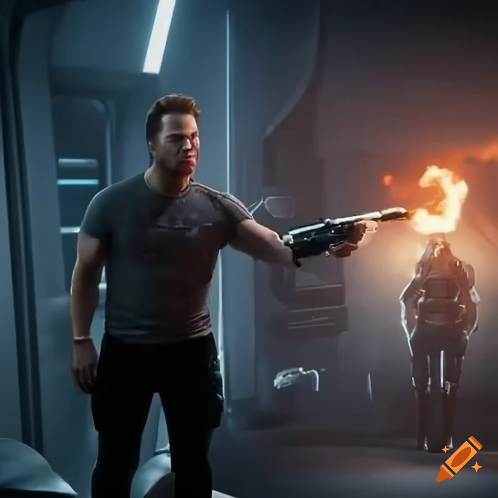 Chris pratt portraying an angry sci-fi man with a shotgun in an intense ...