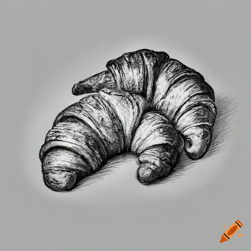 Black and white pencil drawing of a croissant on Craiyon