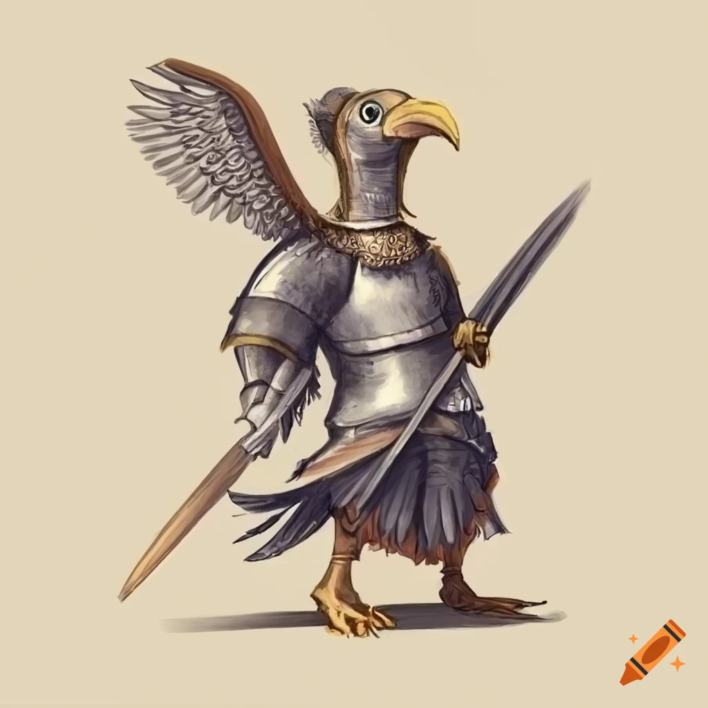 Anthropomorphic bird knight with wings and sword on Craiyon