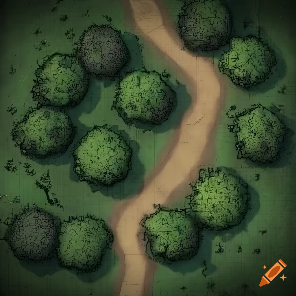 Top-down D&D battle map of a foggy dirt road through a forest with grid scale on Craiyon