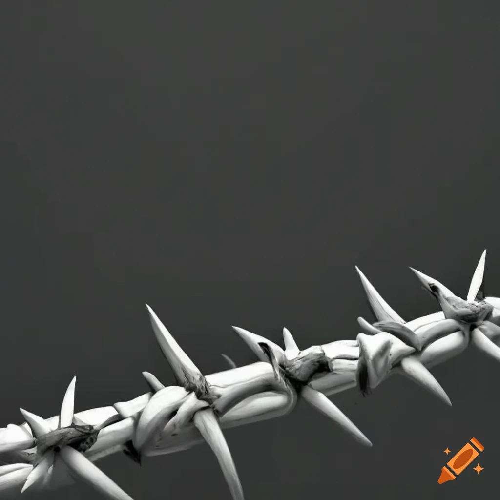 Intricate black and white drawing of bones, thorns, barbed wire, and ...