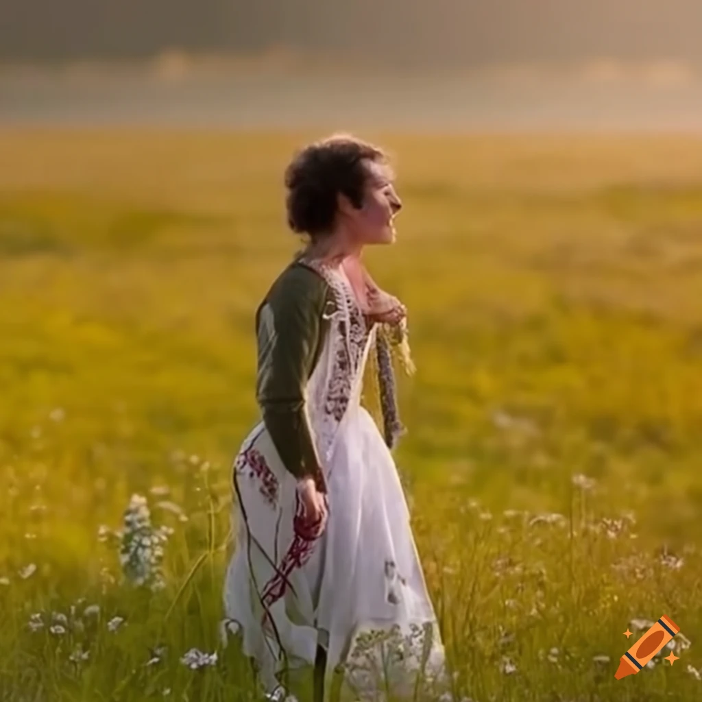 Celtic princess walking in a flower prairie under beautiful sunlight on ...