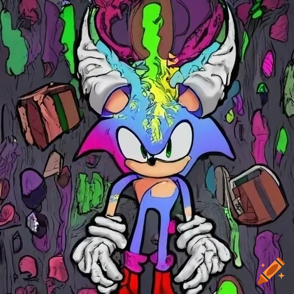 Sonic with goat horns standing in a dark room on Craiyon