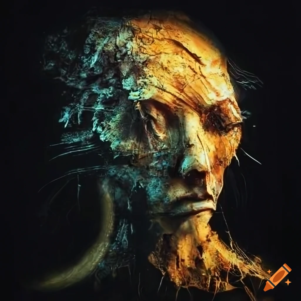 Cold-colored abstract portrait of a mycelium creature on scratched wood ...