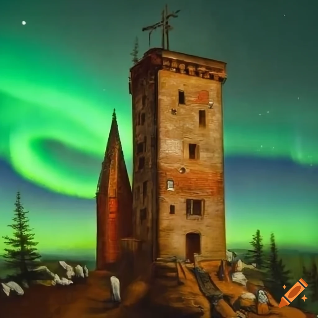 Bruegel style painting of a tower under the aurora borealis sky on Craiyon
