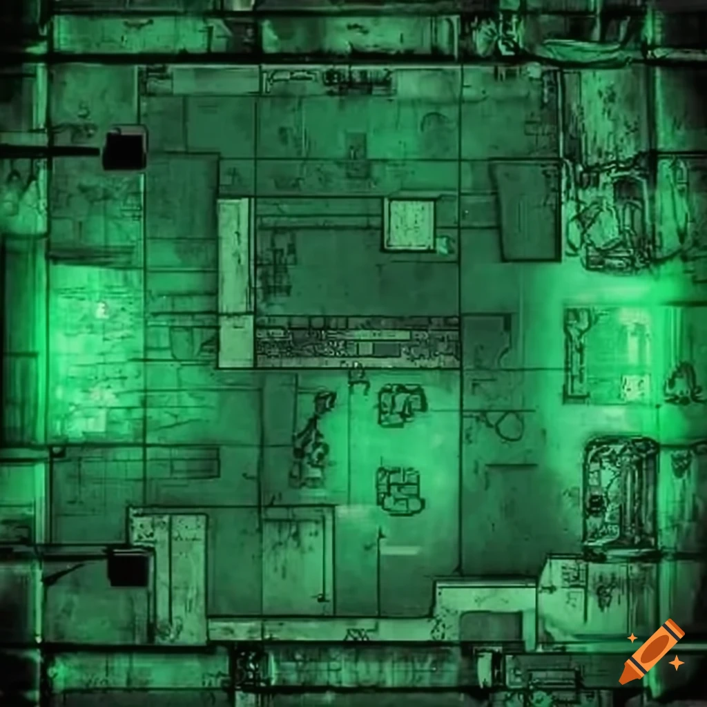 Green monochrome top-down map of a fallout vault shelter layout with ...
