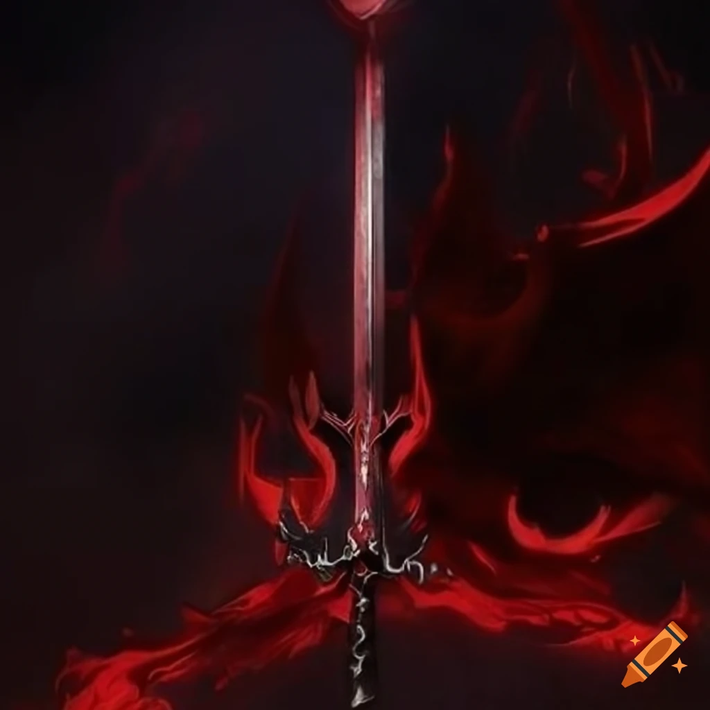 Fiery sword with demonic hilt in an ominous setting on Craiyon