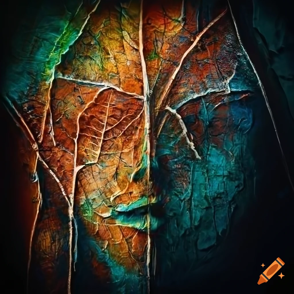 Abstract portrait of a leaf creature on scratched wood canvas in cold ...