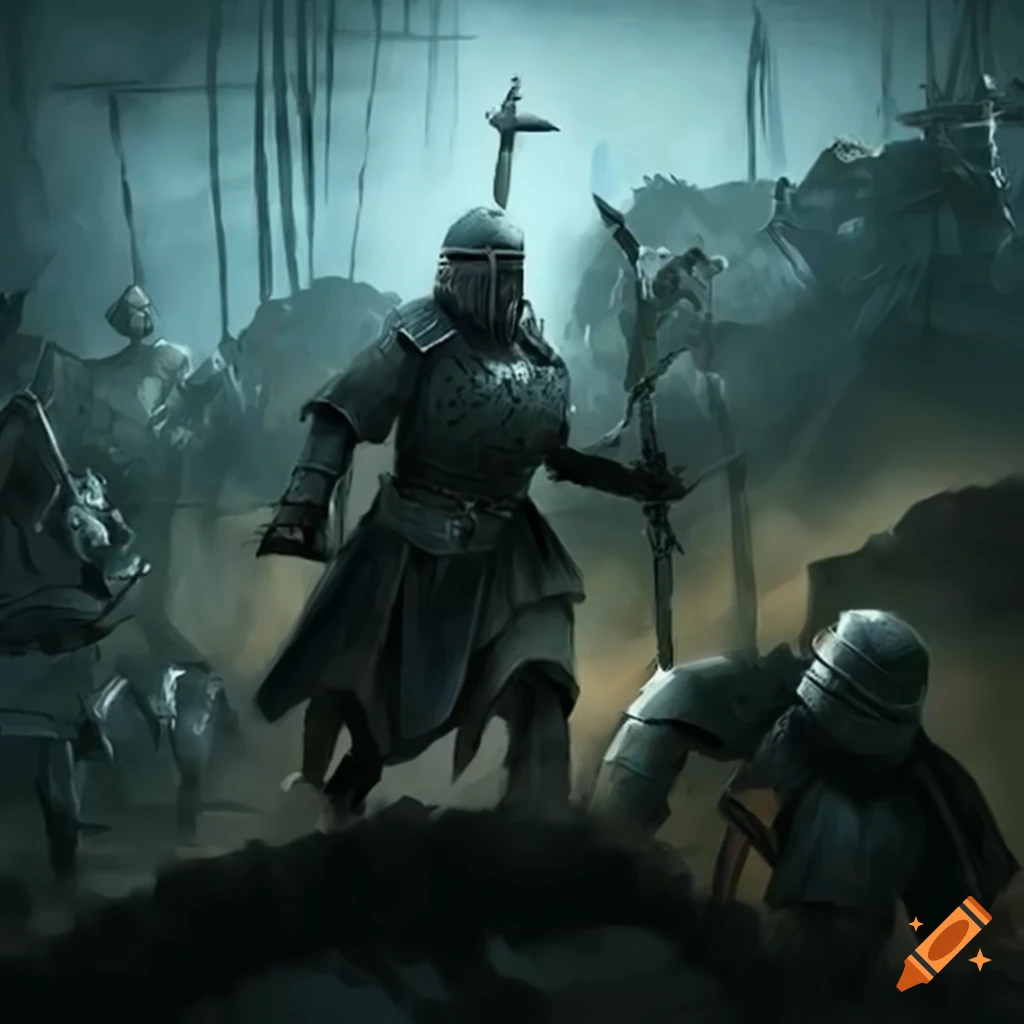 Trench battle with crowding knights in a tense atmosphere on Craiyon