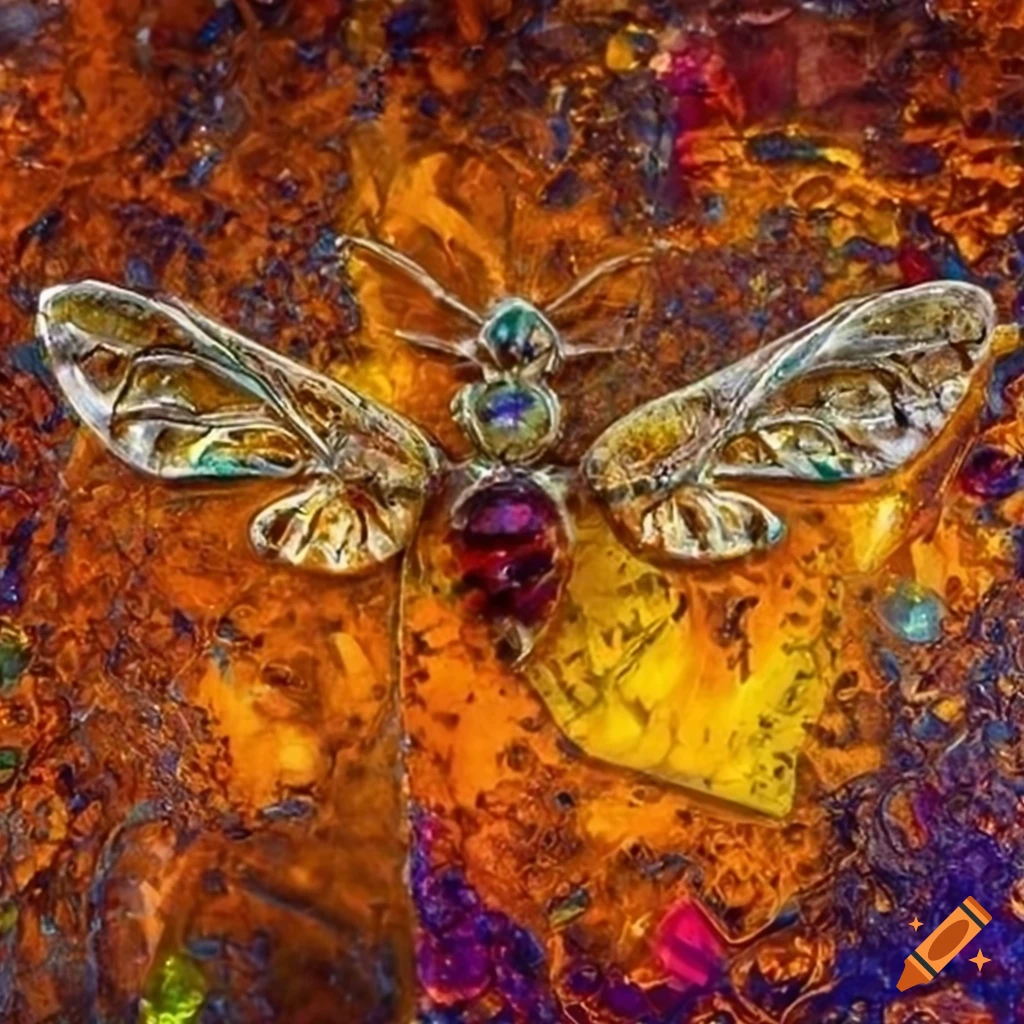 Colorful gems, amber stones, bee and wasp wings with copper metal ...