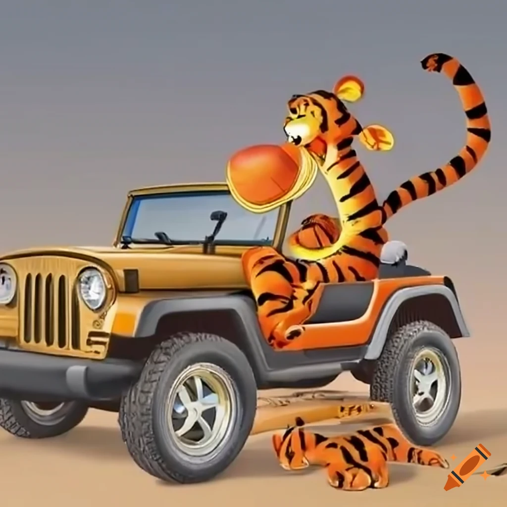 Tigger driving a jeep on Craiyon