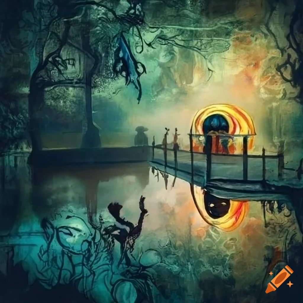 Close view of a fantastical circus voodoo park with small water ...