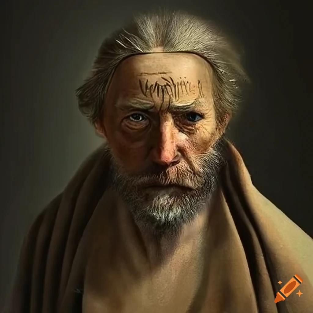 Weathered man with a tangled beard and worry lines, wearing worn ...