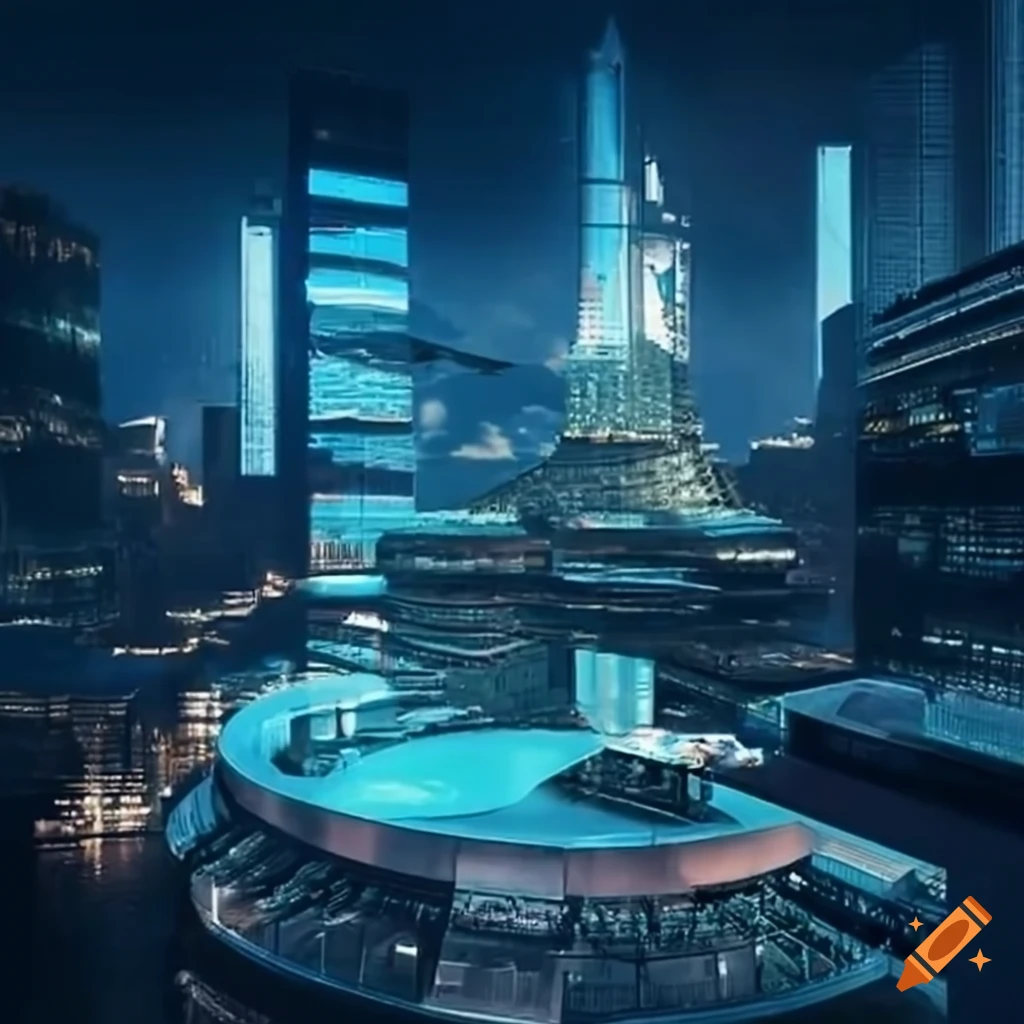 Futuristic land with flying mansions, robots, and cars on Craiyon