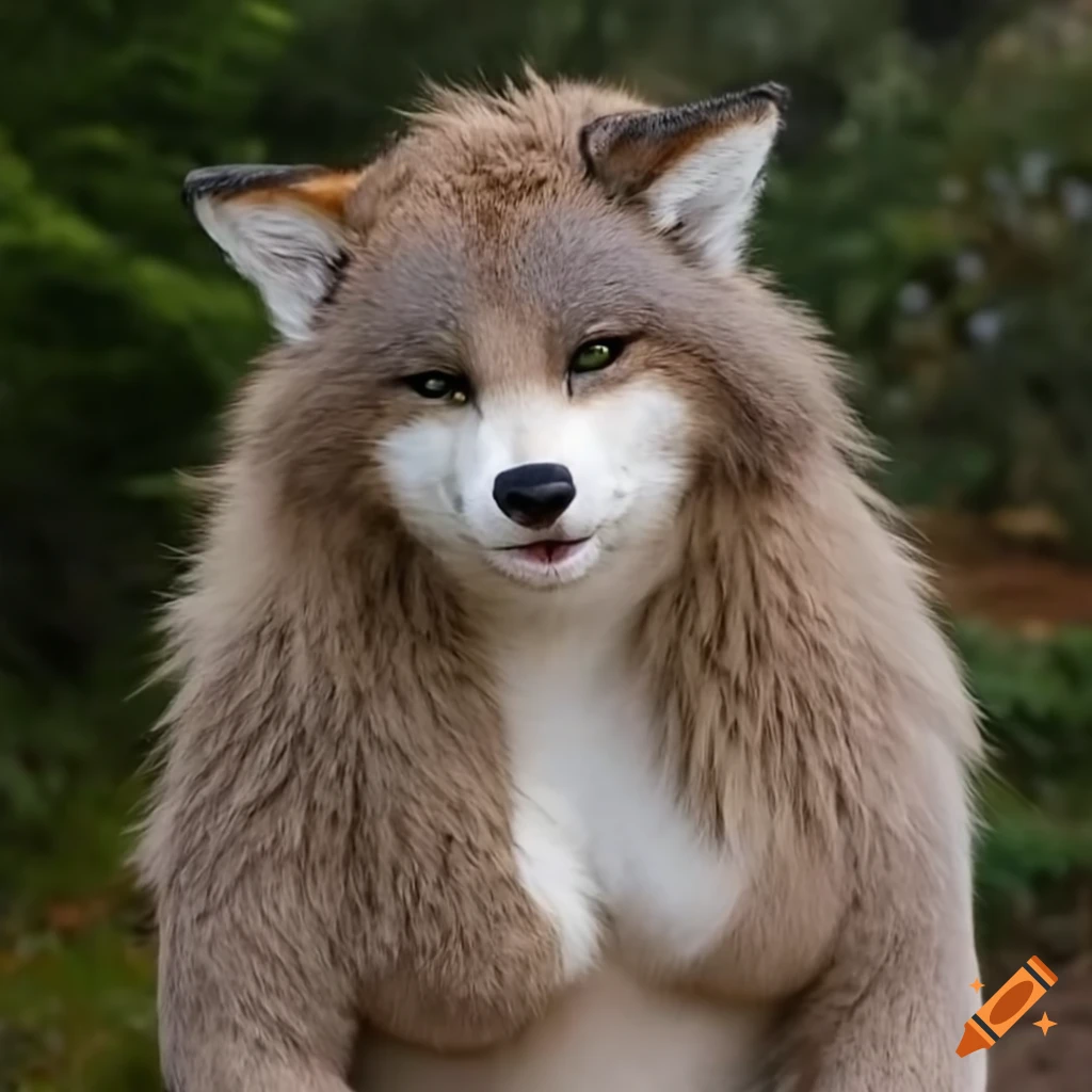 Chubby anthro werewolf female with fluffy gray fur in nature on Craiyon