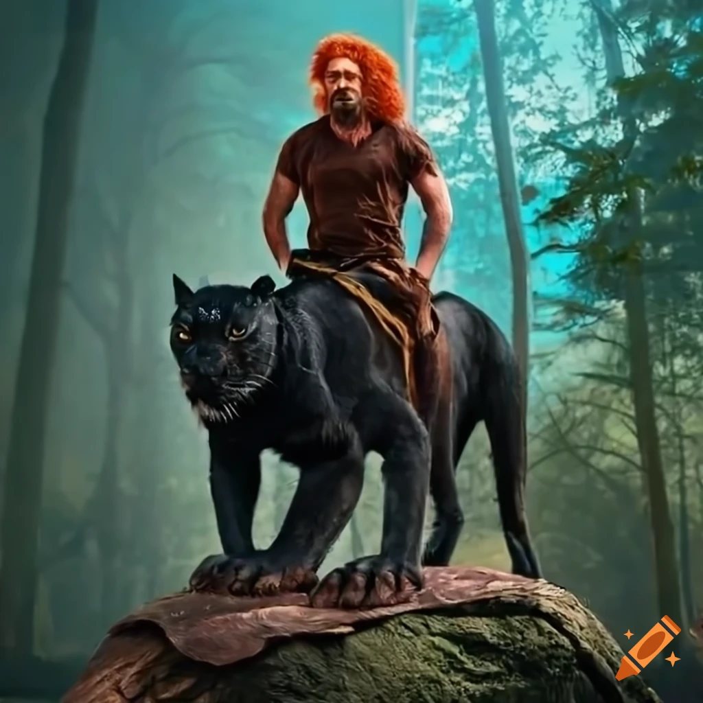 Bearded man riding a black panther in the forest on Craiyon