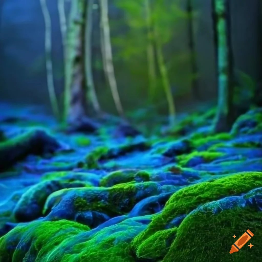 Lush glowing moss landscape with vibrant green and blue hues on Craiyon