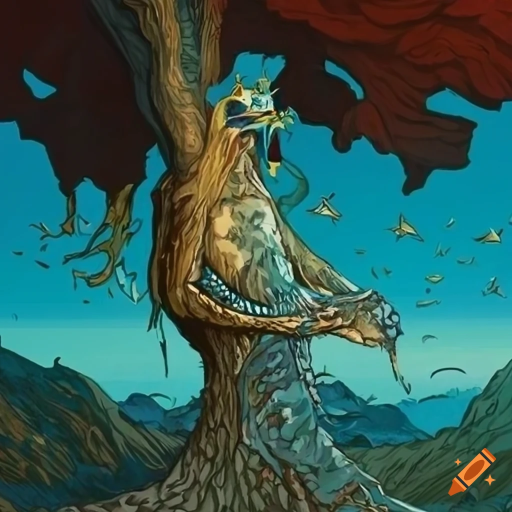 Bird king with silver crown on a tree with mountains in the background ...