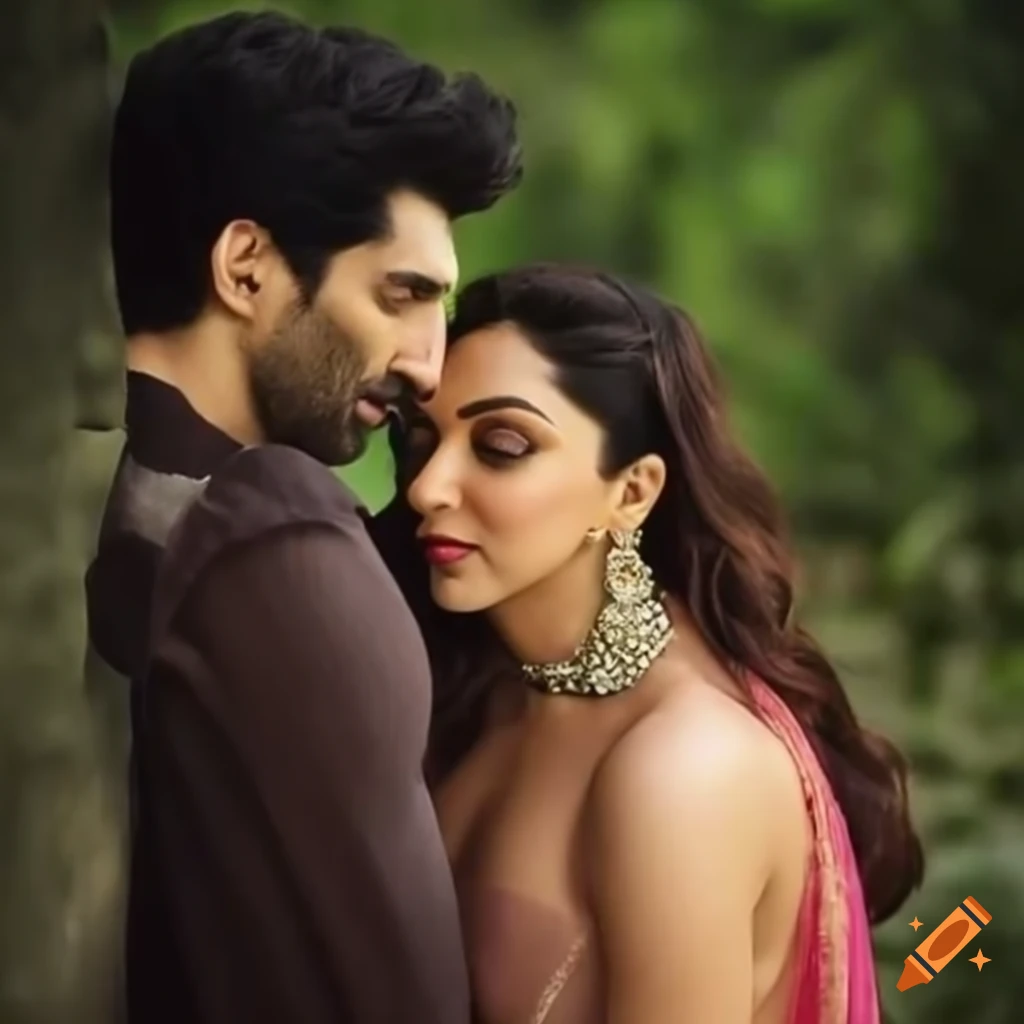 Chemistry between actors Aditya Roy Kapur and Kiara Advani in a garden setting on Craiyon