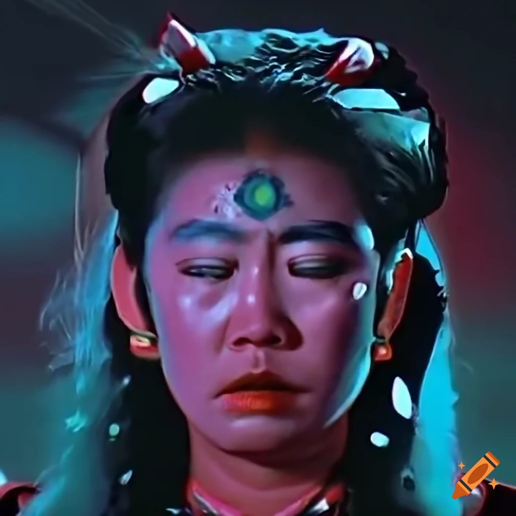 Close-up of expressive dizzied and bloodied villainess from an 80's ...