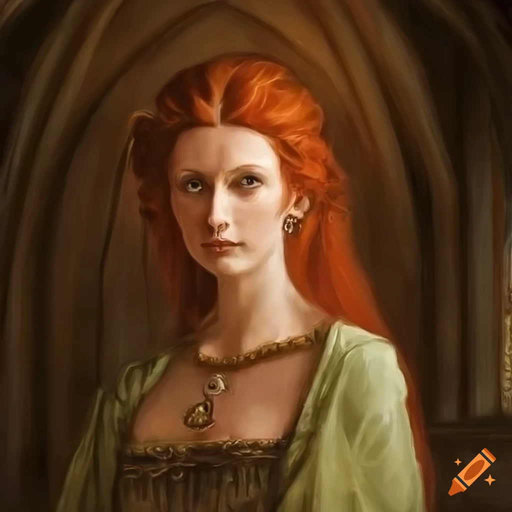 Redheaded queen in a medieval chapel with warm sunlight on Craiyon