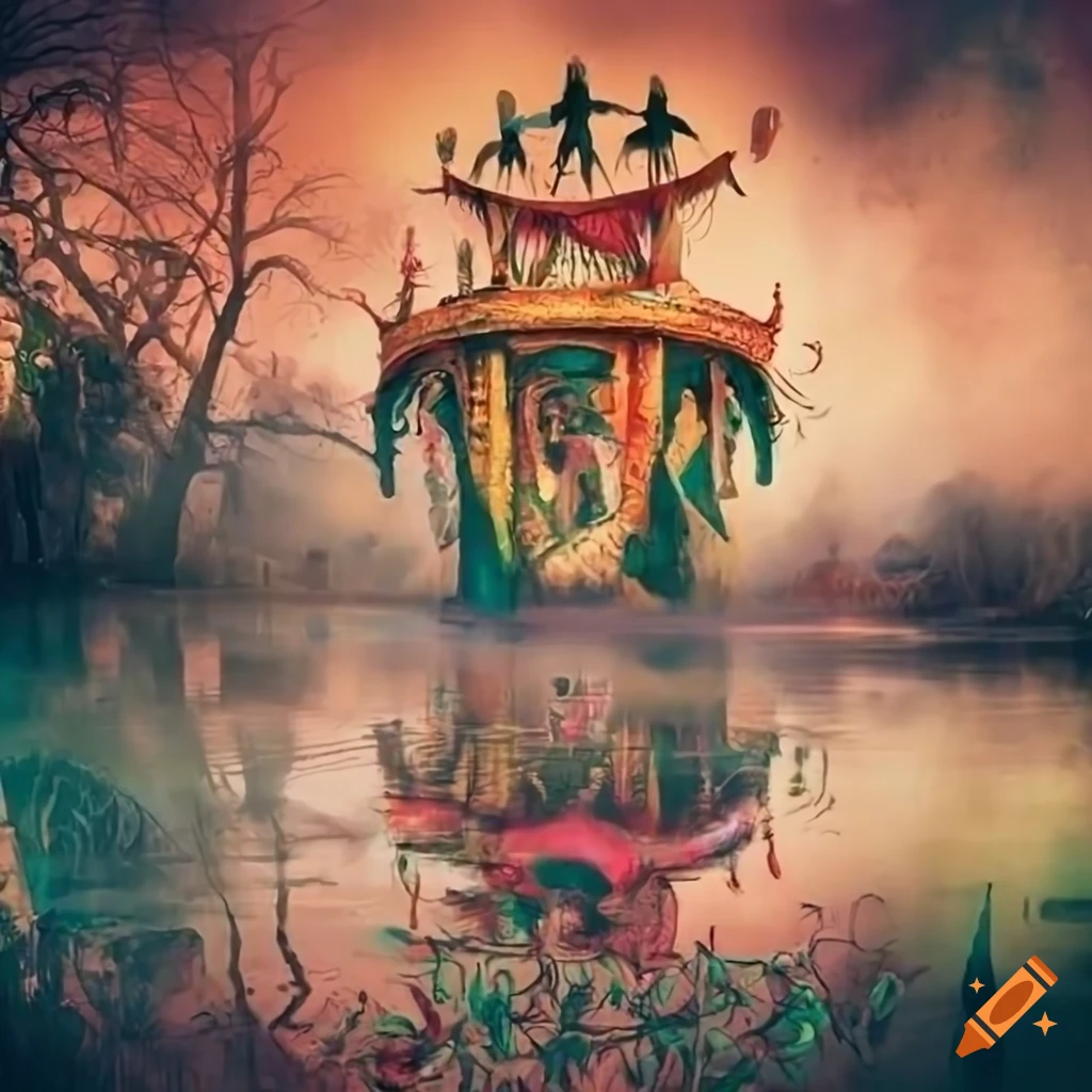 Fantasy jungle park with circus voodoo, water, mythical creatures, and ...