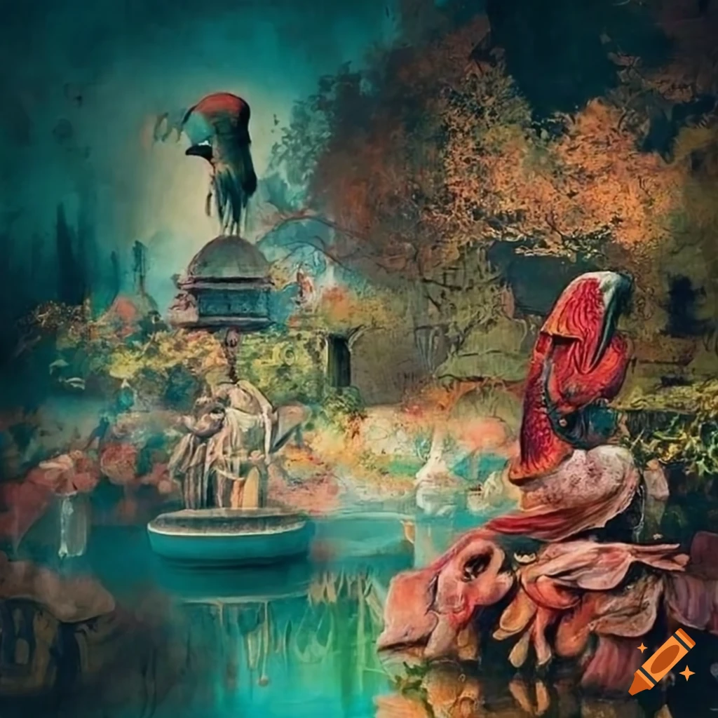 Close view of a fantastical park with a circus, voodoo elements, small ...