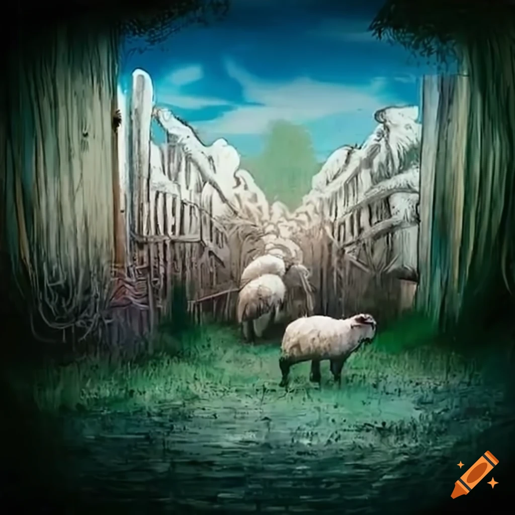 Drawing of sheep passing through a gate on Craiyon