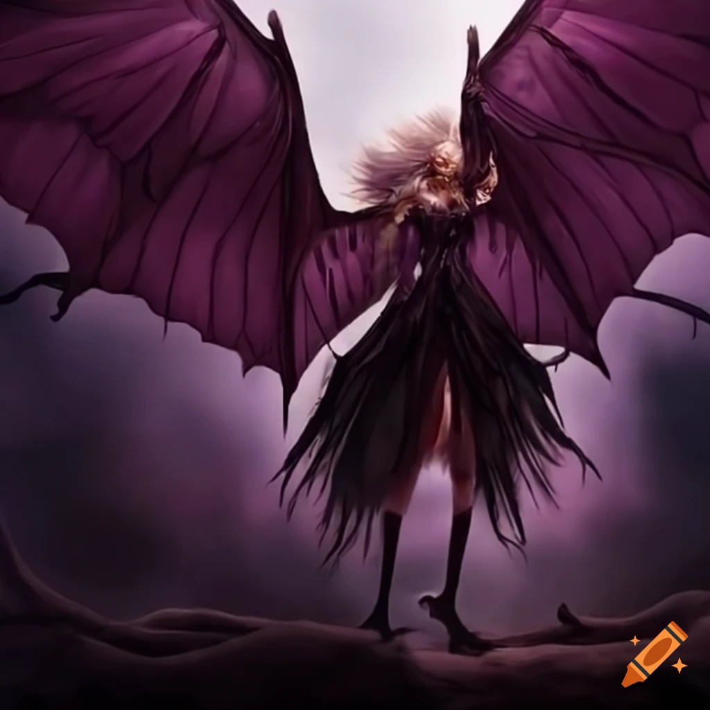 Witch with bat wings in a mystical setting on Craiyon