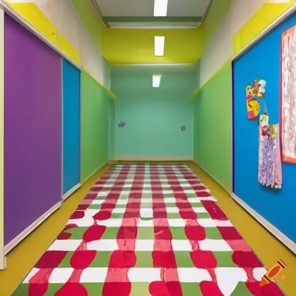 Classroom with rainbow walls and checkered floor in a liminal space on ...