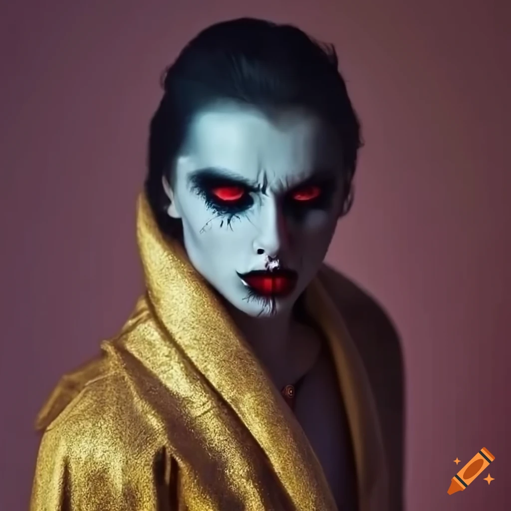 Young handsome vampire ghoul in golden robes attacking with the wind on Craiyon