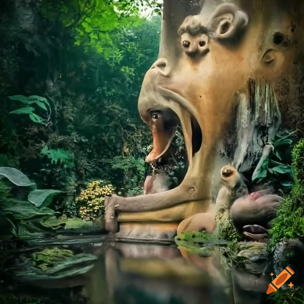 Close view of a fantastical jungle park with voodoo circus, amphibians ...