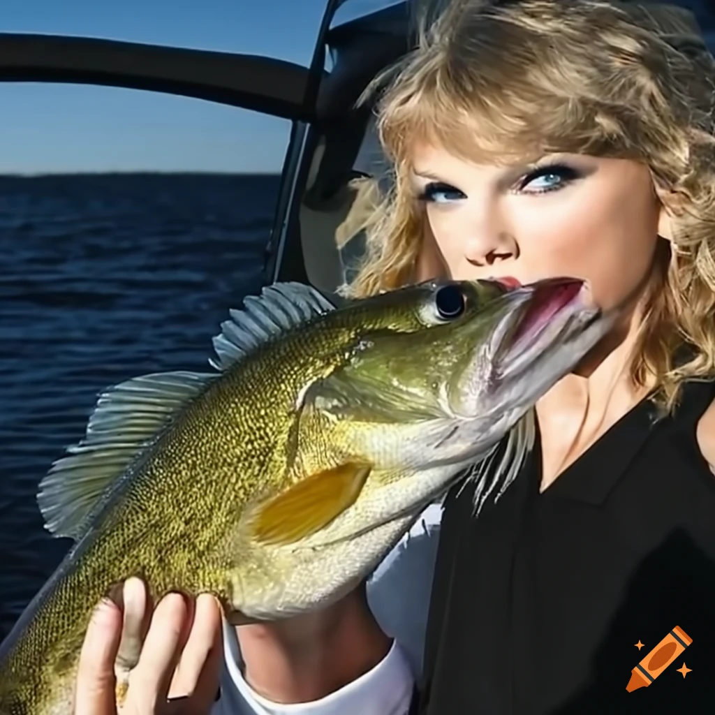 Taylor swift fishing for smallmouth bass on a boat on Craiyon