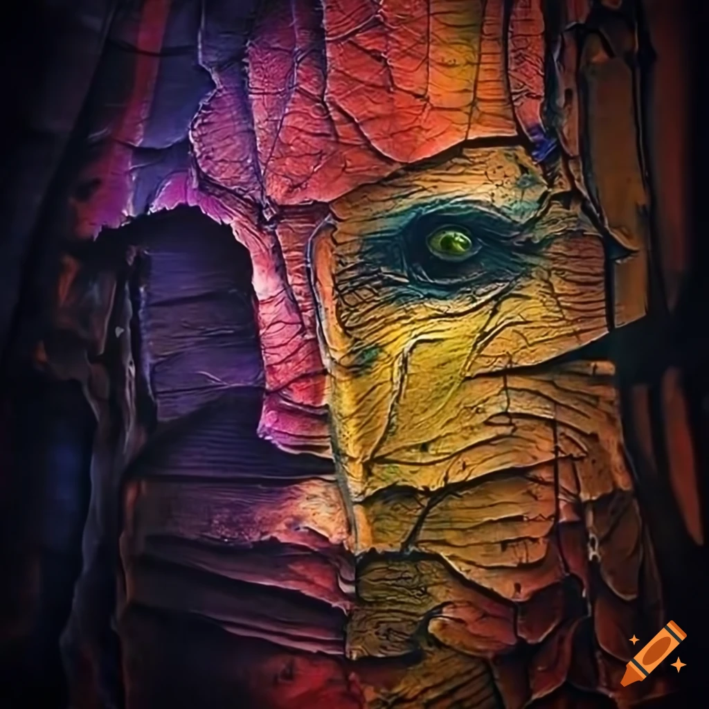 Cold-colored abstract portrait of an unusual leaf creature on scratched ...