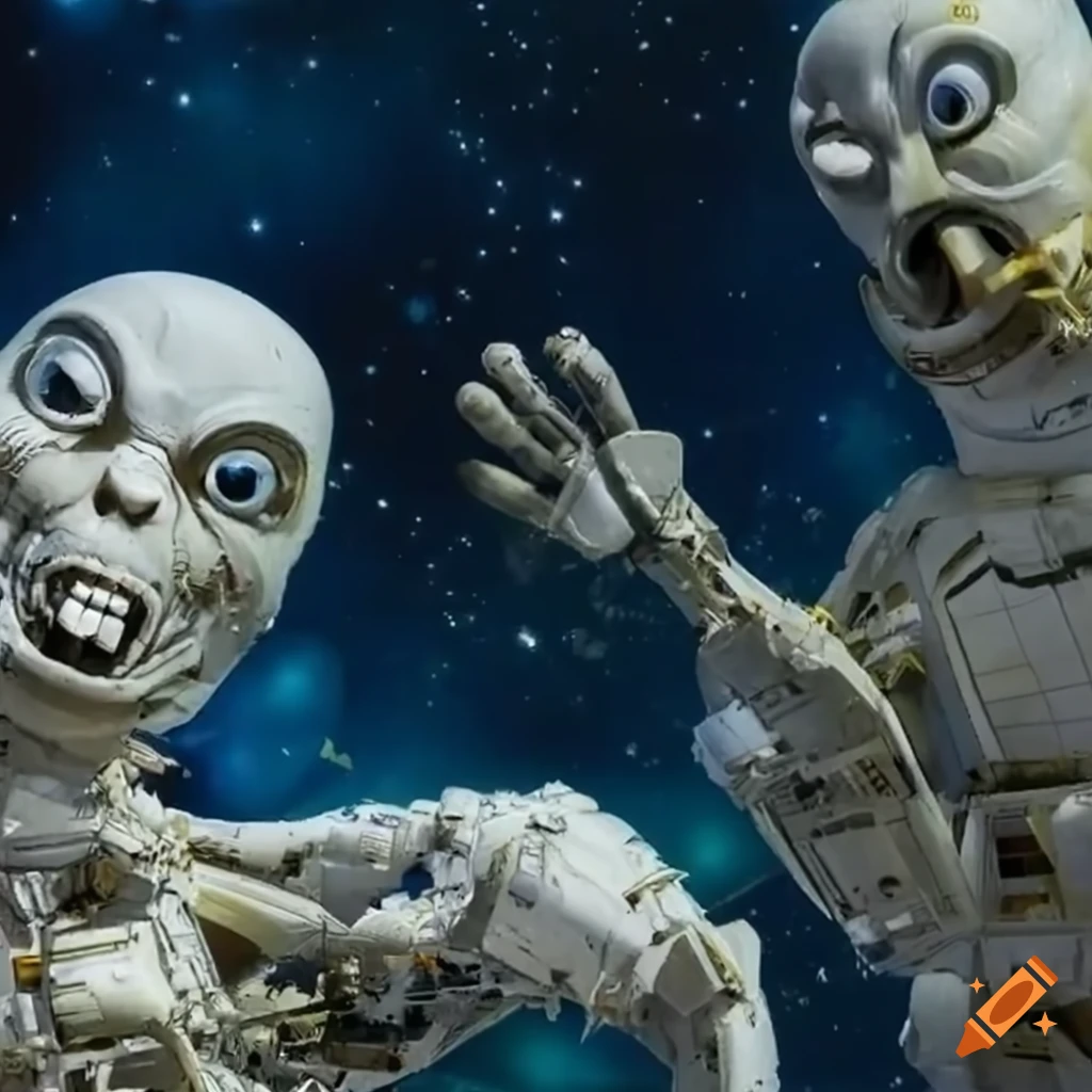 Colossal humanoid space monsters attacking a space station on Craiyon