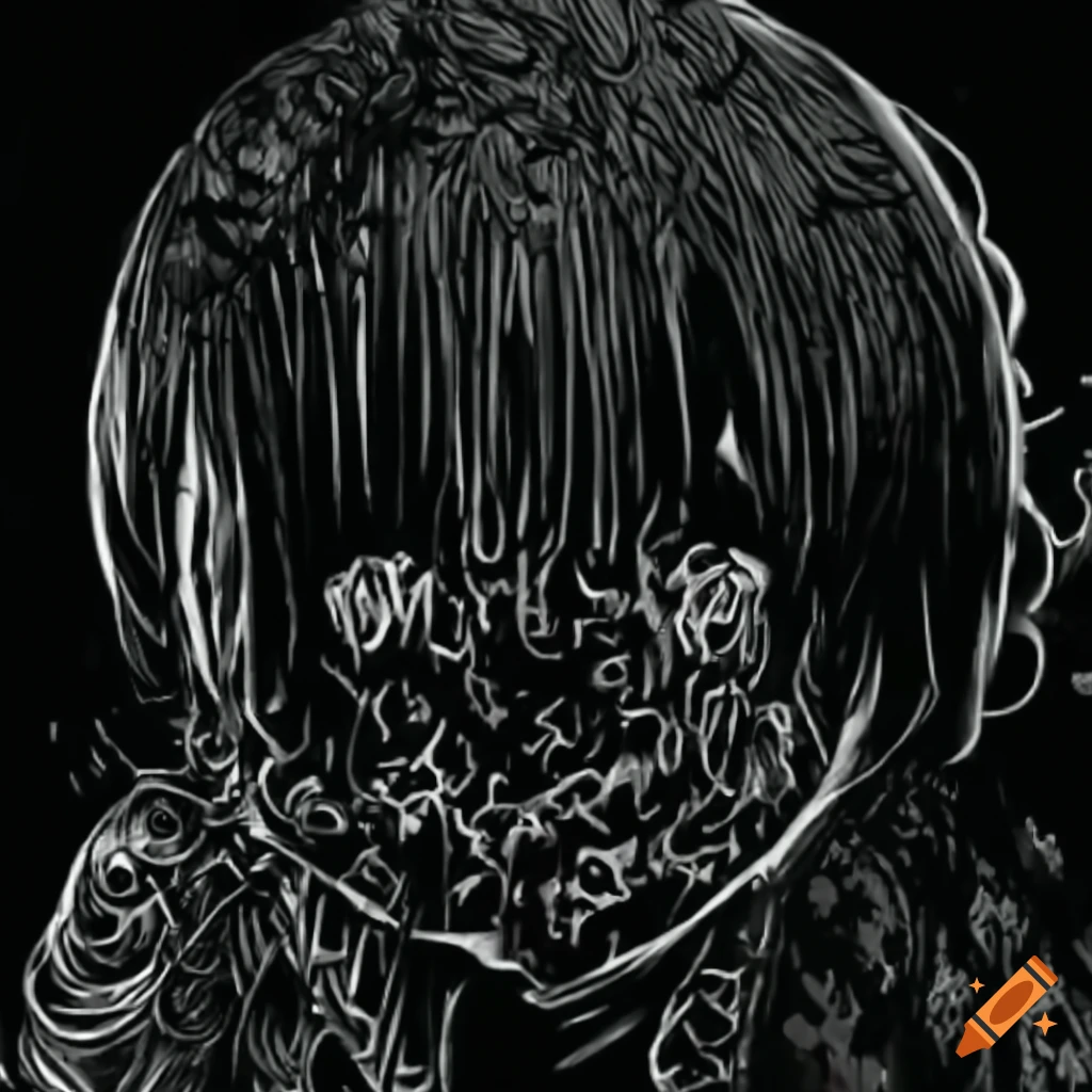 Surreal dark manga-style world with distorted graphics and blurry face ...