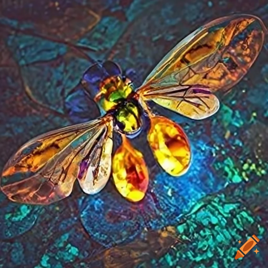Colorful gems, amber stones, bee and wasp wings with copper metal ...