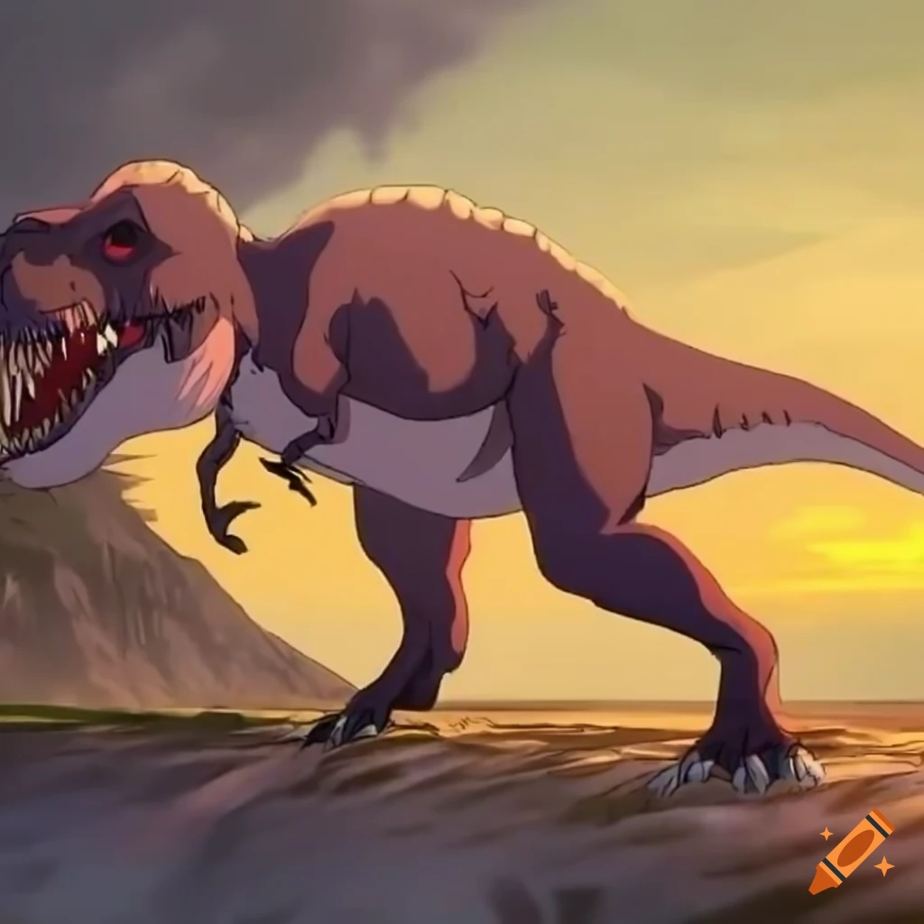Tyrannosaurus rex roaring from the mountain top in an anime style on ...