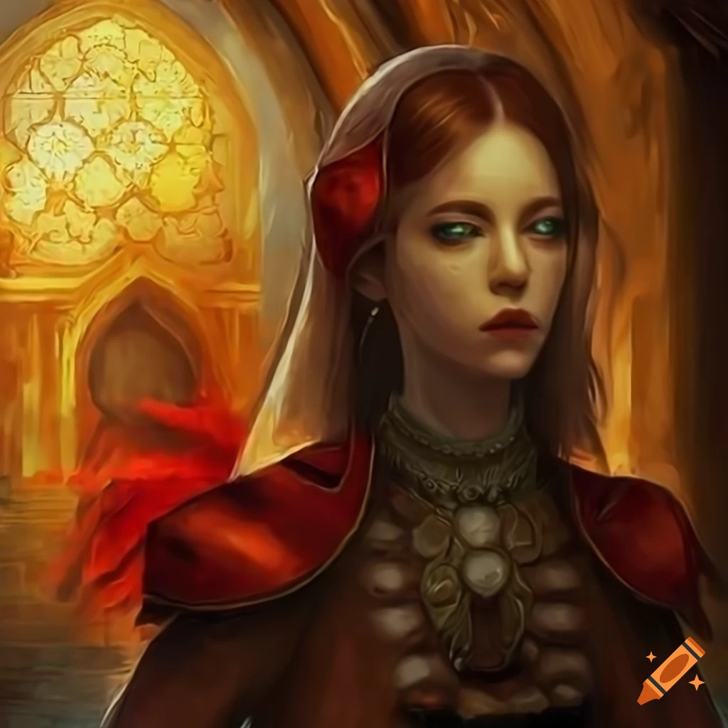 Female fantasy character with fiery red hair in a medieval chapel with ...
