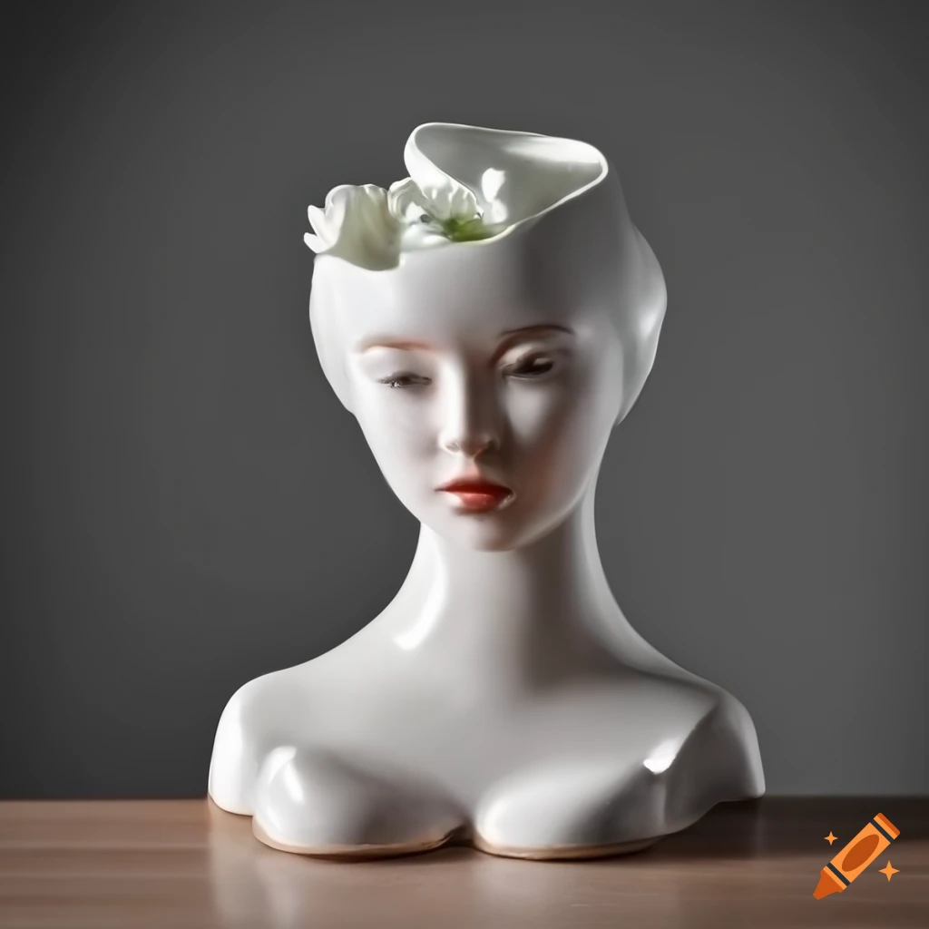 Porcelain flower vase shaped like a woman's face on Craiyon
